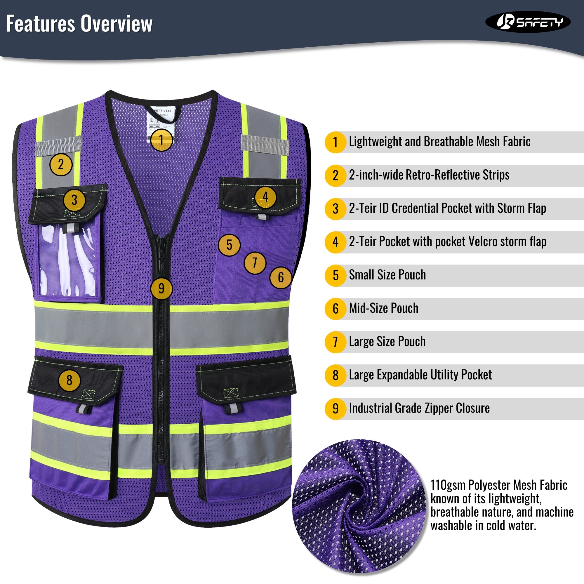 JKSafety 8 Pockets Two-Tone Mesh Hi-Vis Reflective Safety Vests