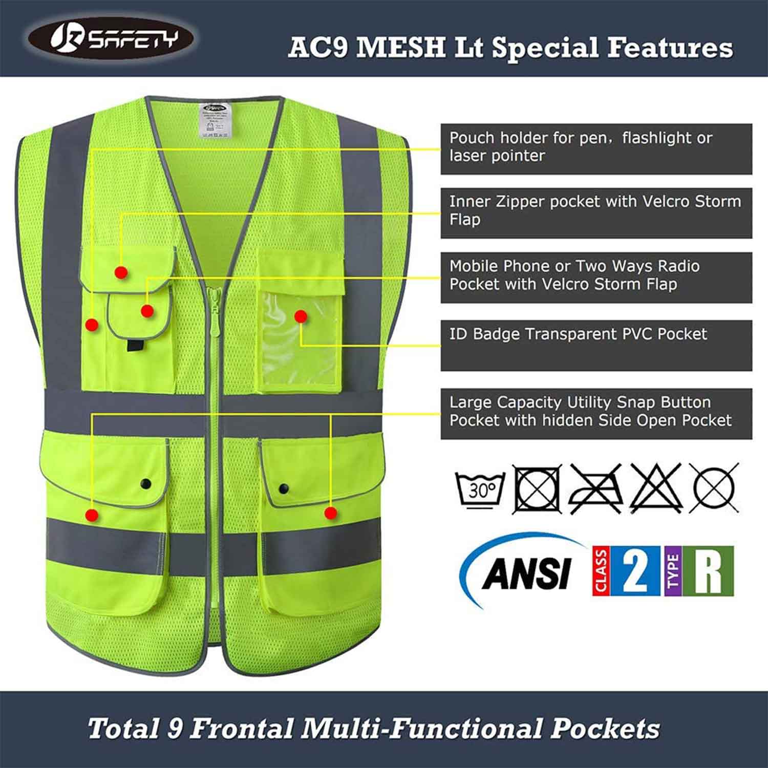 JKSafety Drone Pilot Hi-Vis Reflective Safety Vest, 9 Pockets