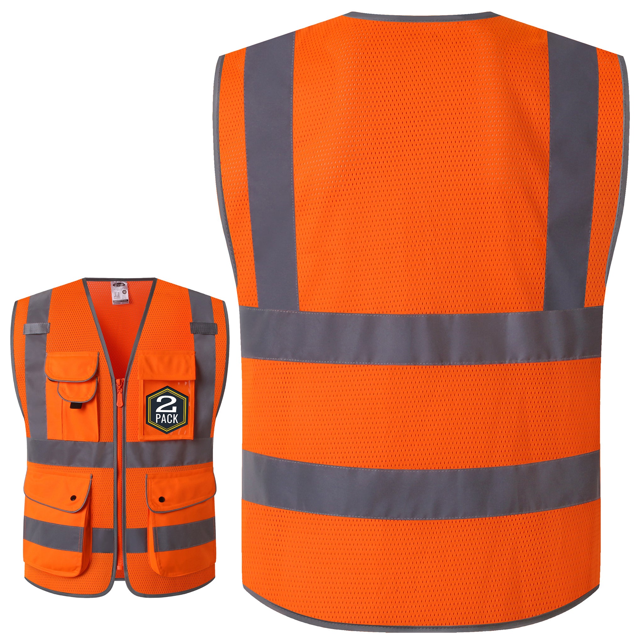 JKSafety 9 Pockets Hi-Vis Reflective Mesh Safety Vest (2-Pack)