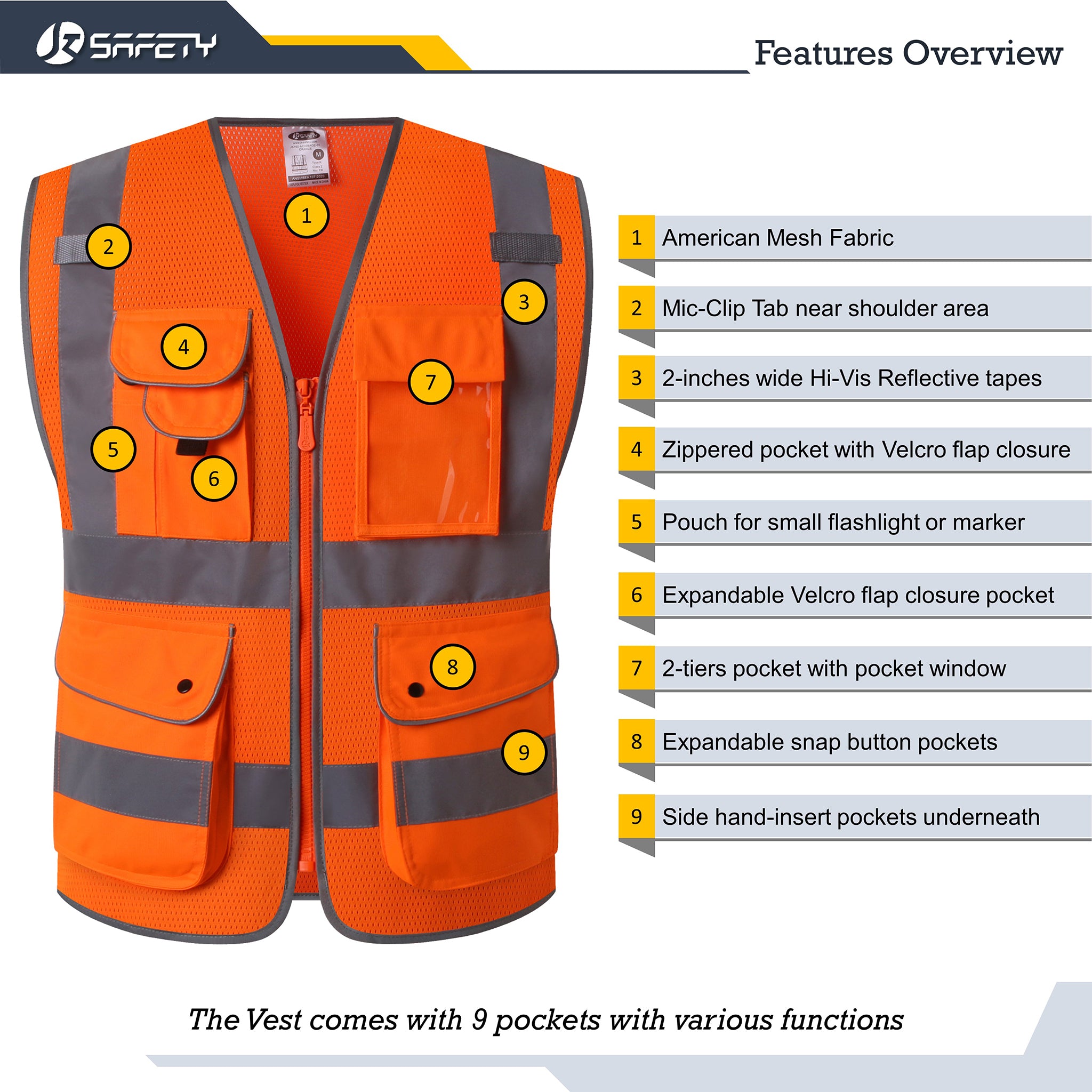 JKSafety 9 Pockets Hi-Vis Reflective Mesh Safety Vest (2-Pack)