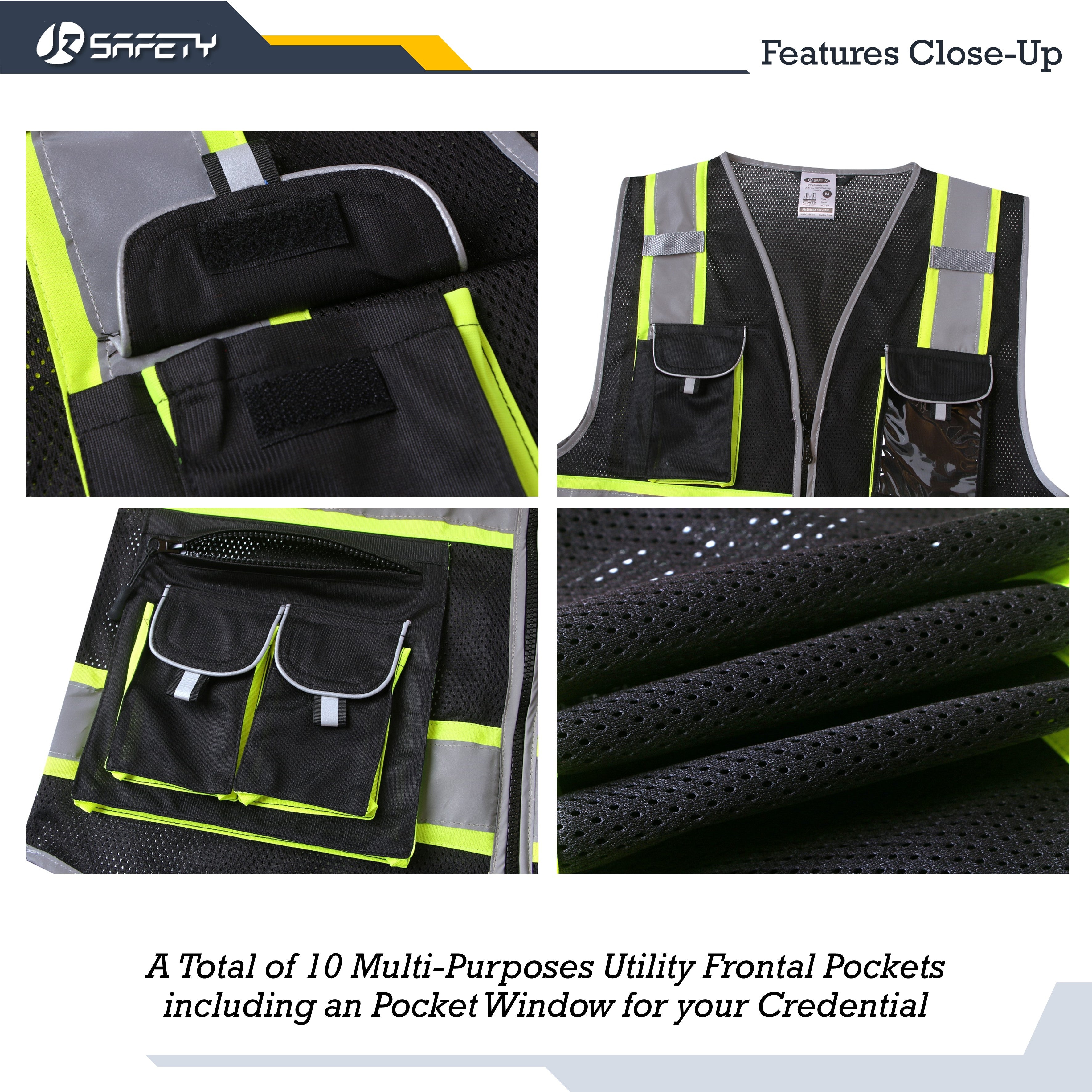 JKSafety 10 Pockets Mesh Hi-Vis Reflective Safety Vest, Two-Tone