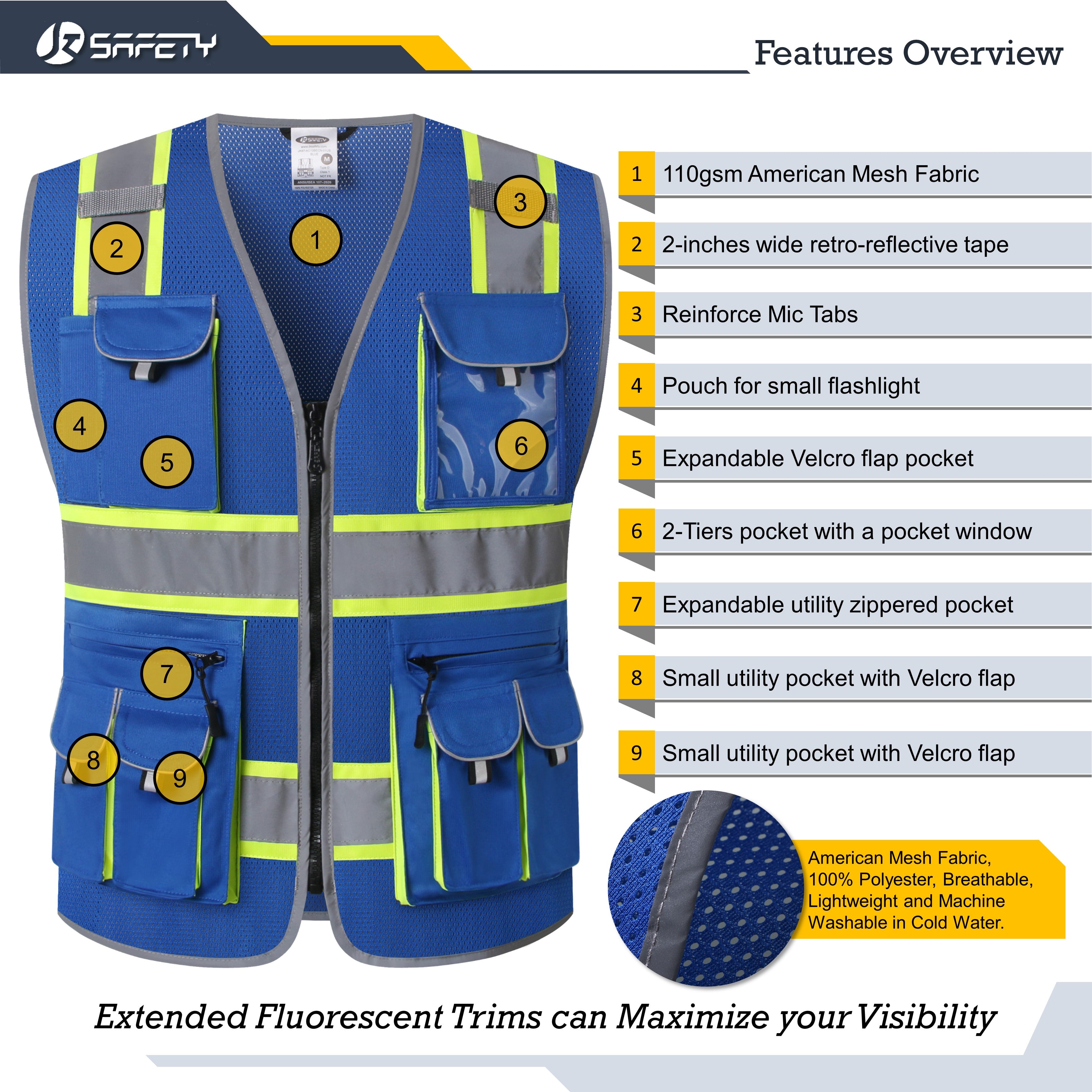 JKSafety 10 Pockets Mesh Hi-Vis Reflective Safety Vest, Two-Tone