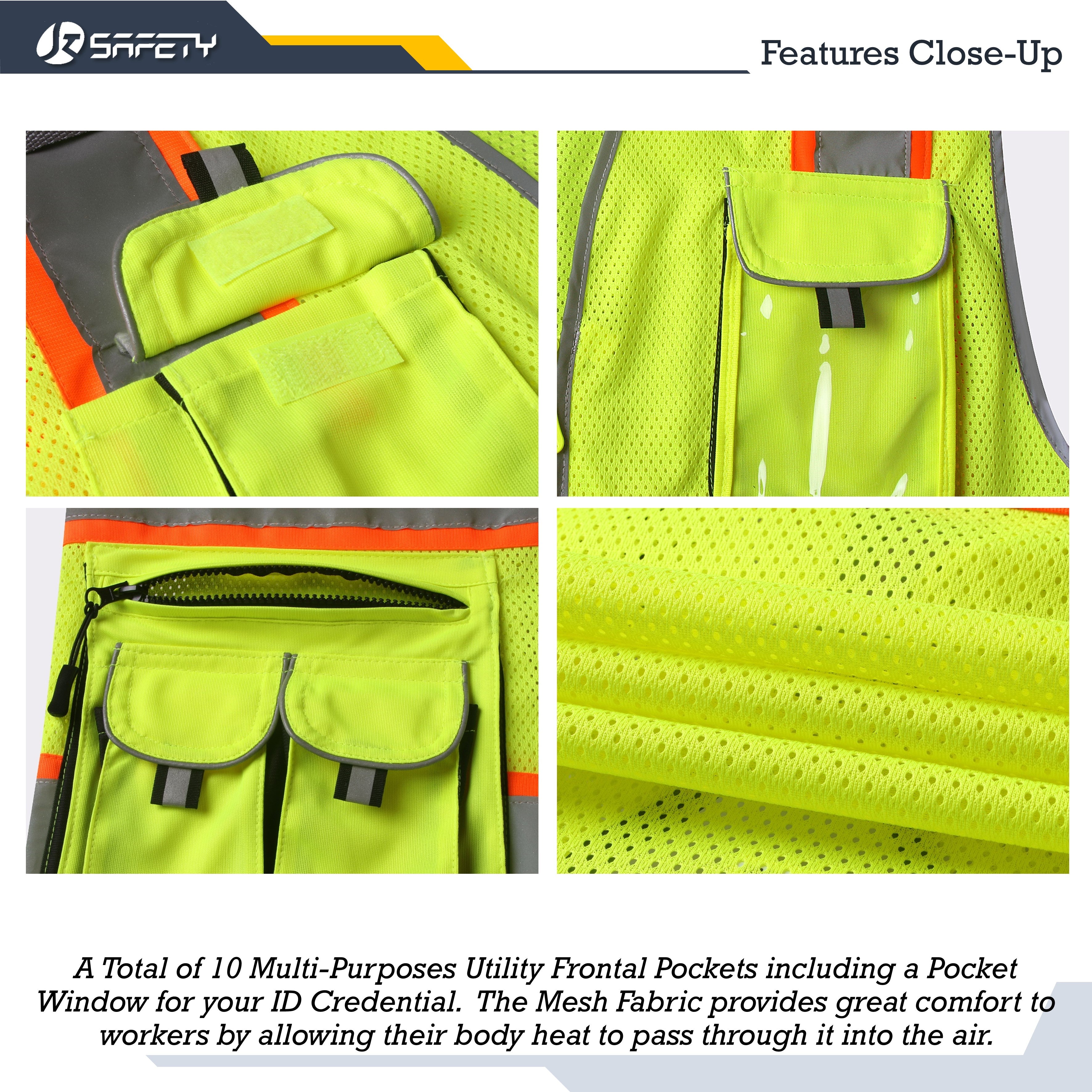 JKSafety 10 Pockets Mesh Hi-Vis Reflective Safety Vest, Two-Tone
